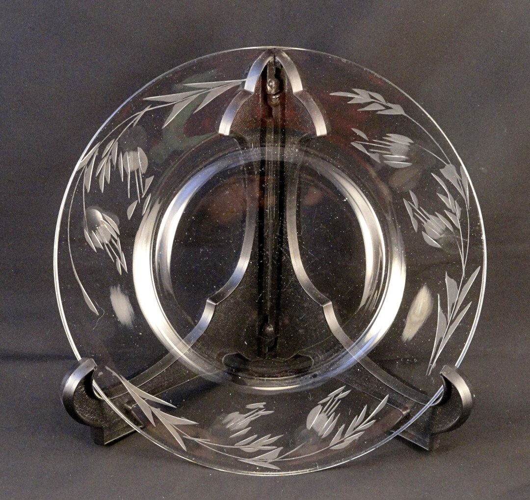 Set 4 Art Deco 8" Glass Plates Gray Cut Etched Fuchsia & Leaves Vintage ...