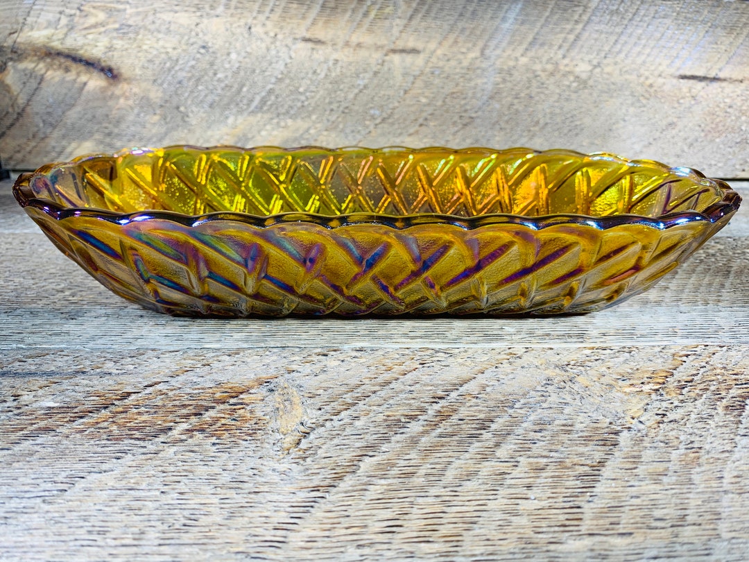Vintage Opalescent Carnival Glass Dish: Golden Amber Oval Collectible Serving Platter - Etsy