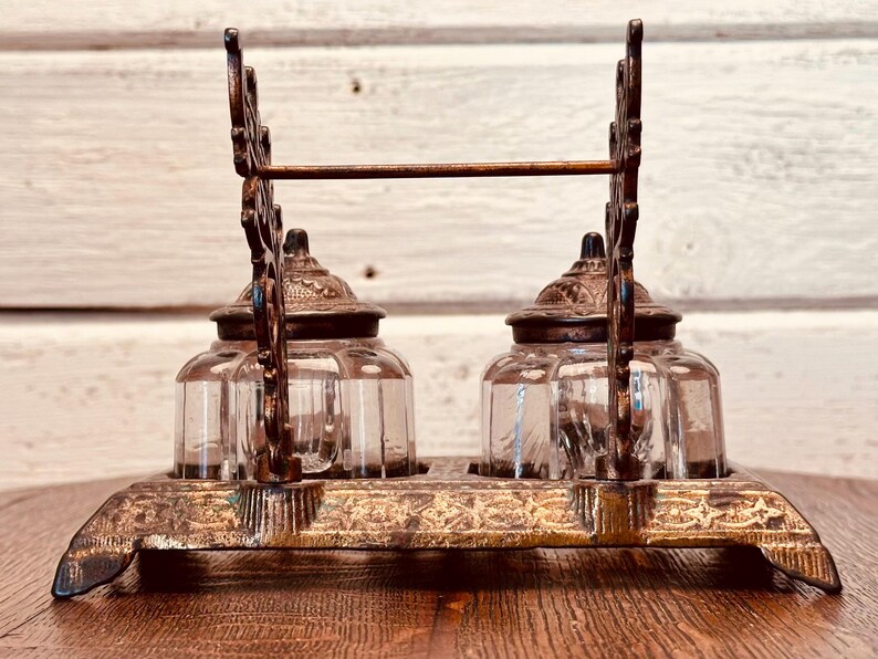 Antique Cast Iron Inkwell Set, Crystal Wells, Bakelite Pen, C1800s - Etsy
