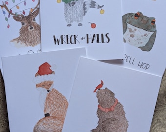 Christmas Card Animal, Funny Animal Christmas Cards, Animal Watercolor ...