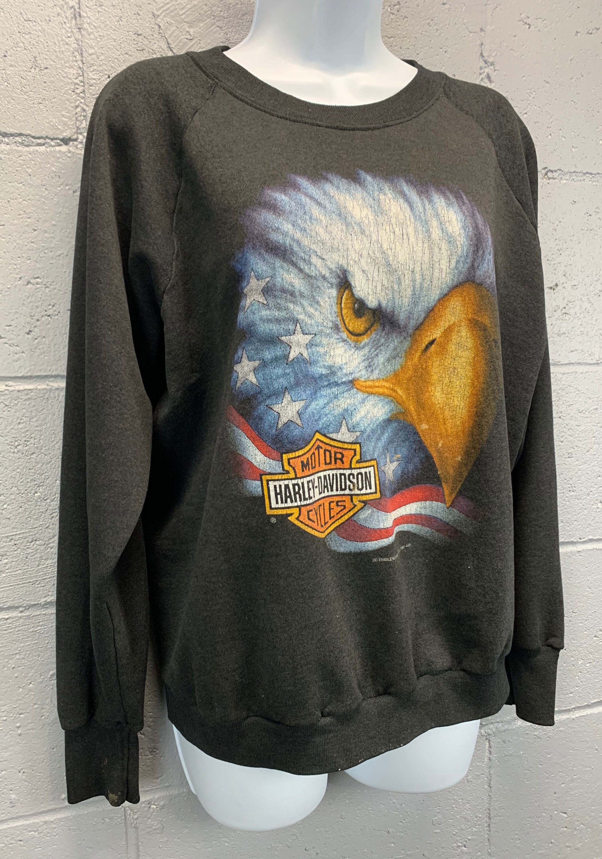Vintage 1990s Harley Davidson 3D Emblem Eagle Raglan Sweatshirt Emblem ...