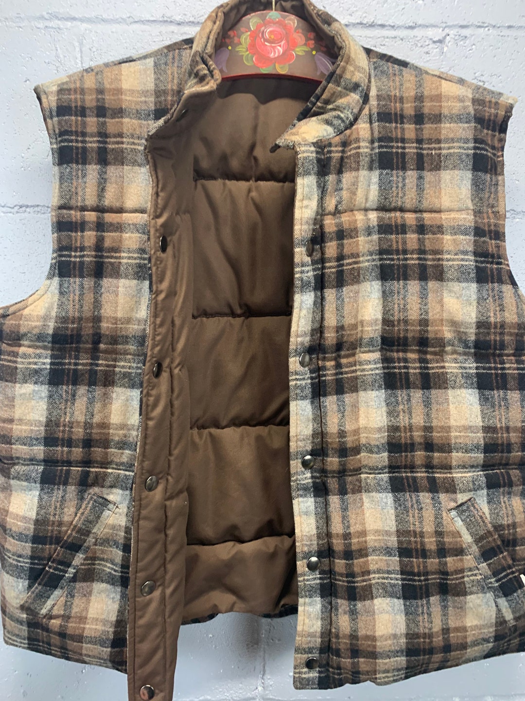 Vintage 1980s Tartan Plaid Reversible Wool Puffer Vest Brown Earth Tones XL Gorpcore Grandpa ...