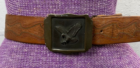 Vintage 1970s Hand Tooled Leather Belt with Eagle Bel… - Gem