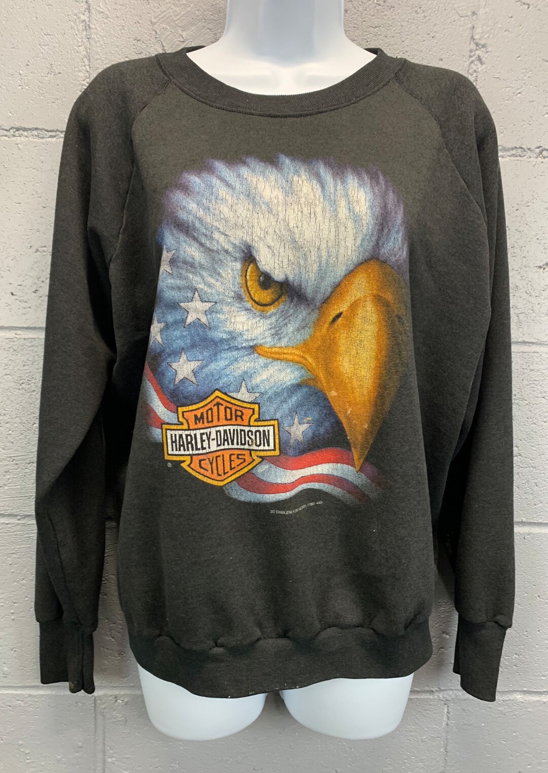 Vintage 1990s Harley Davidson 3D Emblem Eagle Raglan Sweatshirt Emblem ...
