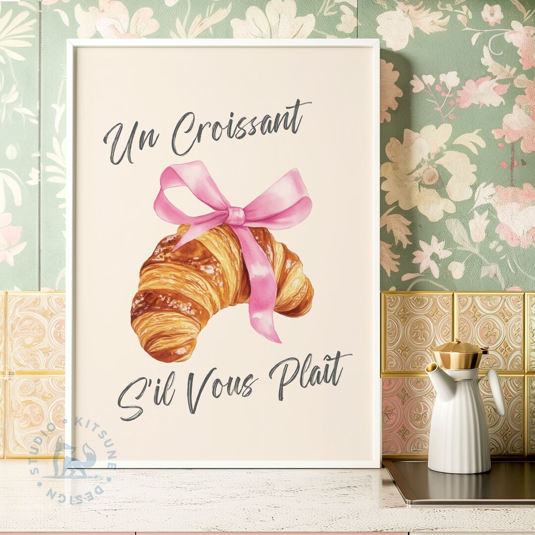 Coquette Pink Bow Croissant Wall Art Print, Feminine French Pastry ...