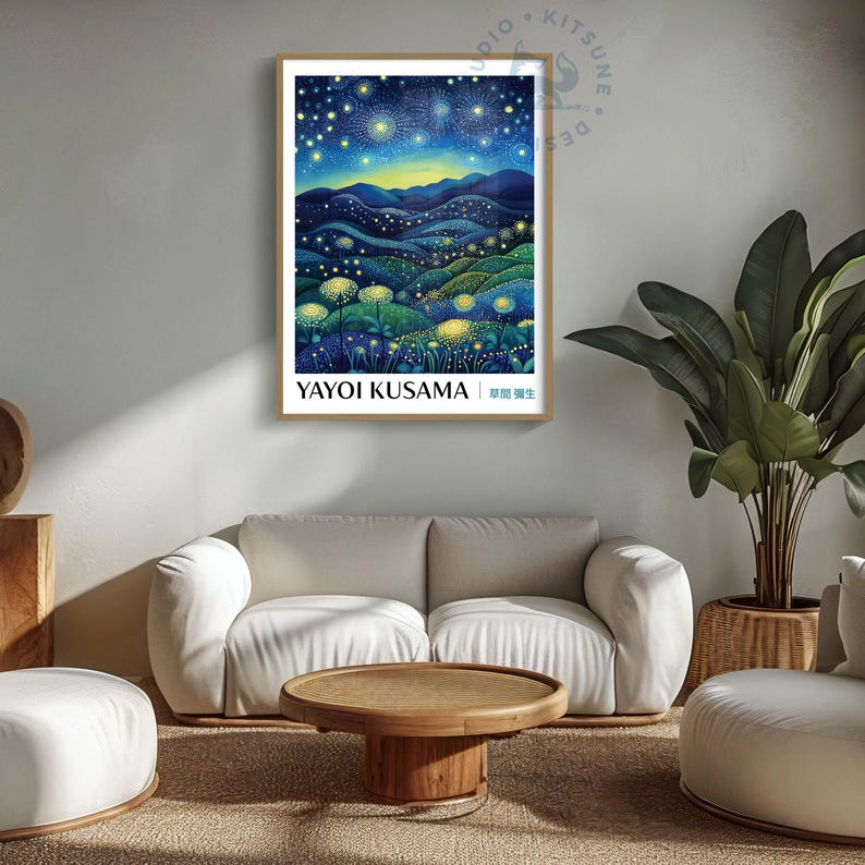 Yayoi Kusama Inspired Fireflies Wall Art, Serene Night Scene Minimalist ...