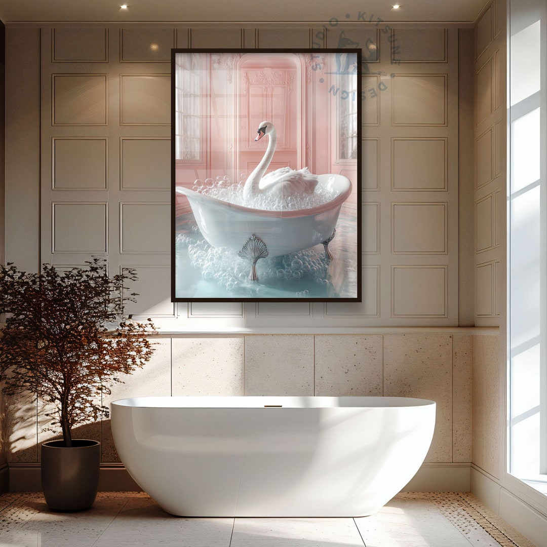 Swan in Bathtub Wall Art, Elegant Bathroom Decor, Animal Bath Printable ...