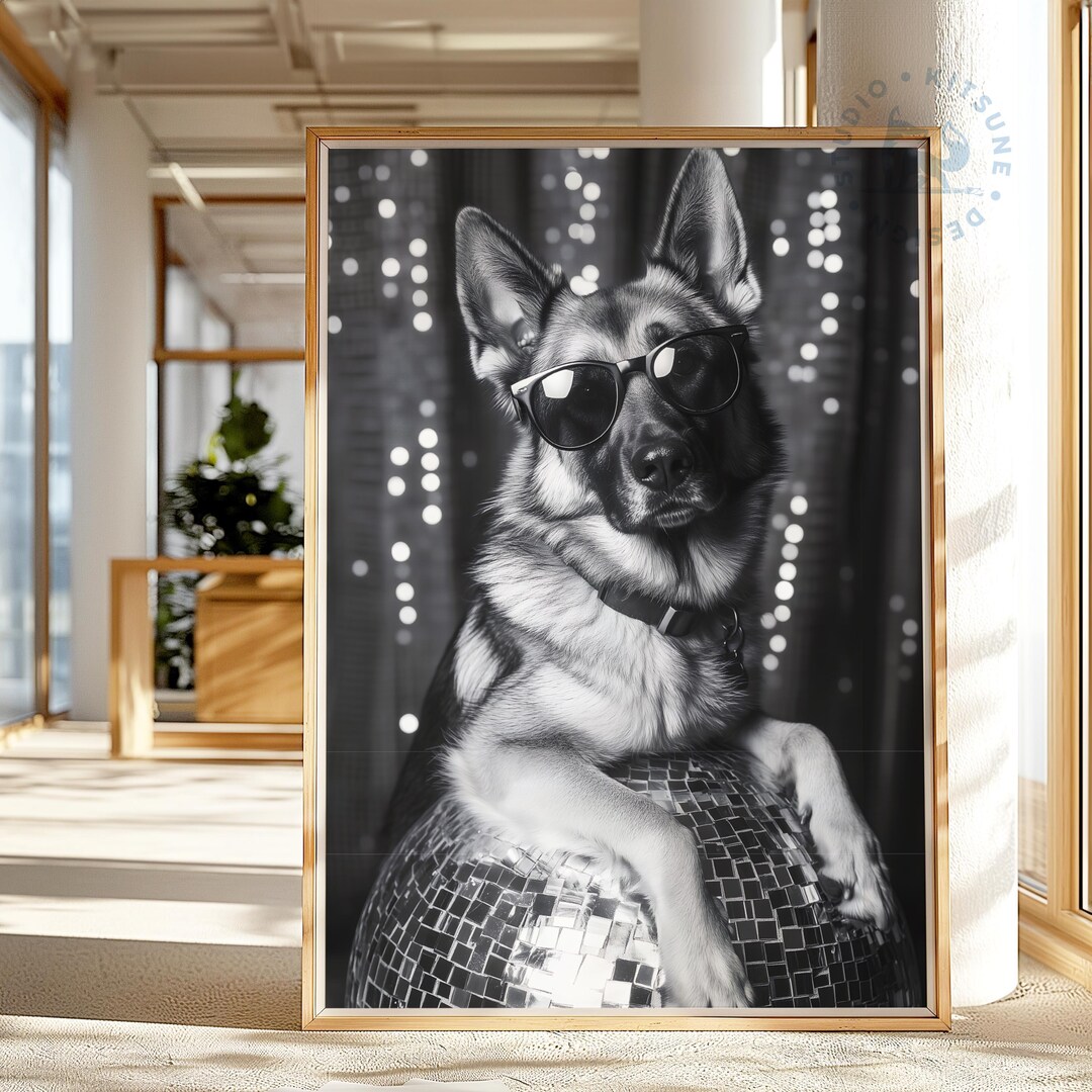 German Shepherd Disco Ball Print: Black and White Dog Art (digital ...