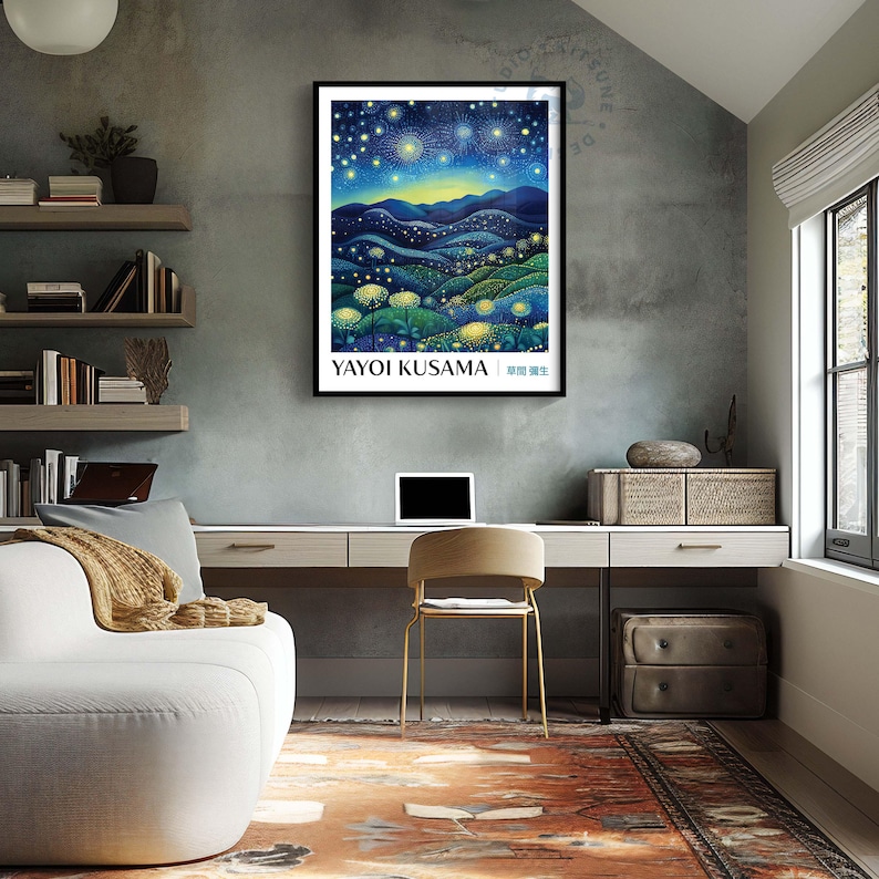 Yayoi Kusama Inspired Fireflies Wall Art, Serene Night Scene Minimalist ...