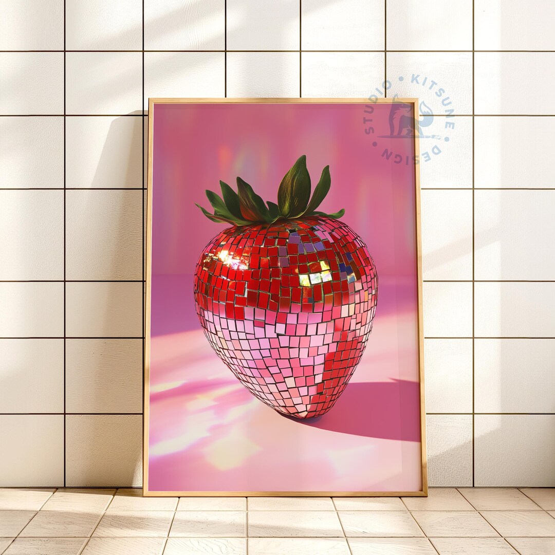 Strawberry Disco Ball Maximalist Painting, Dopamine Dining Room Preppy ...