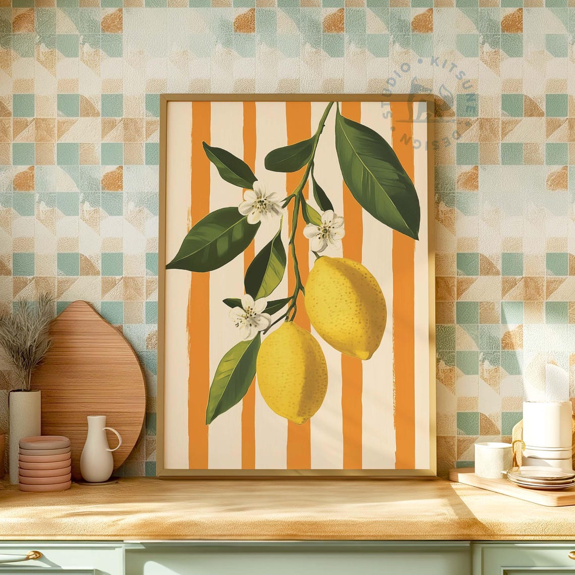 Retro Lemon Print: Striped Background, Kitchen Wall Art (digital ...