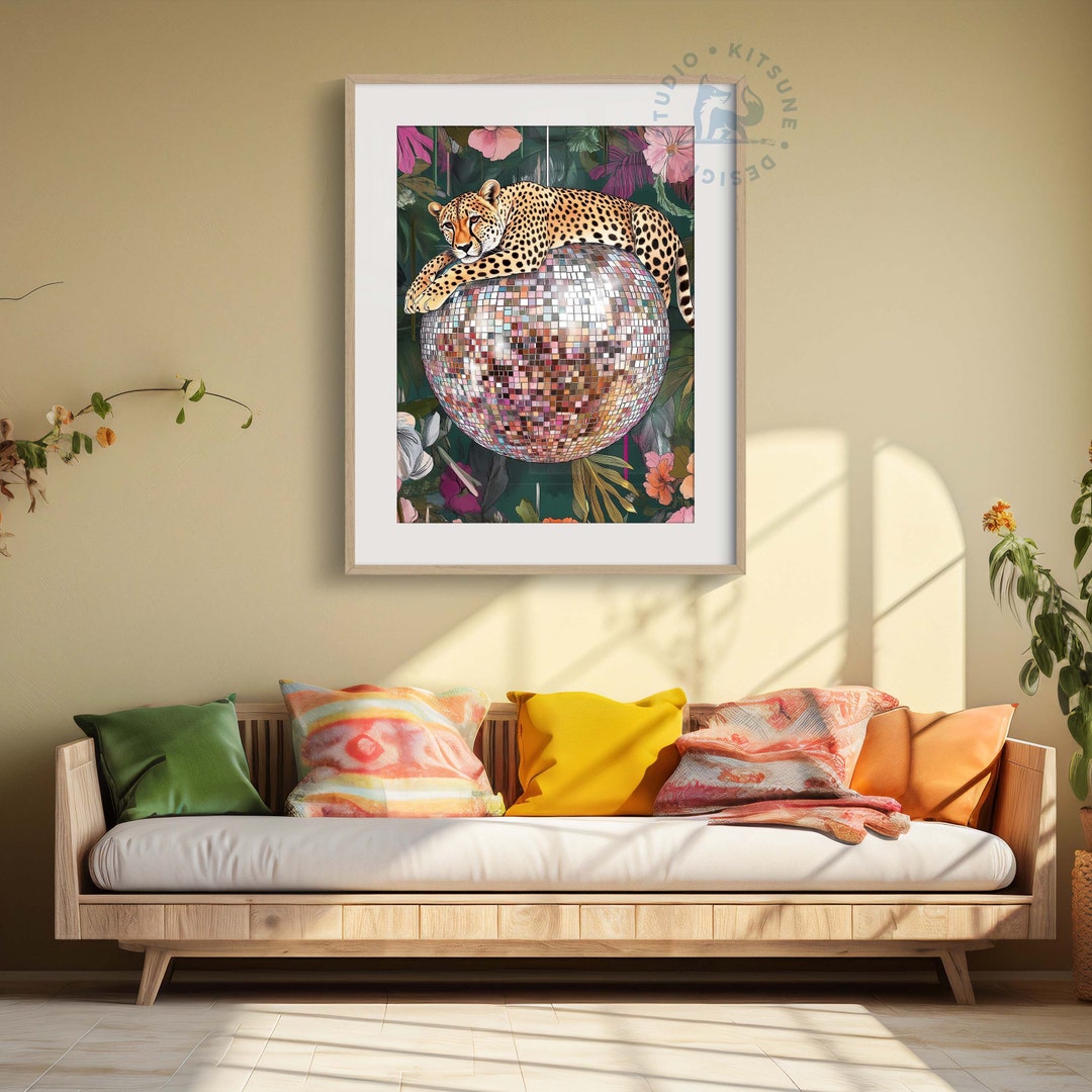 Cheetah on Disco Ball Print: Retro Jungle Animal Art (digital Download ...