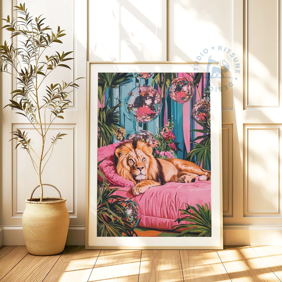 Lion Sleeping Under A Disco Ball, Lion Print, Cheetah Living Room ...