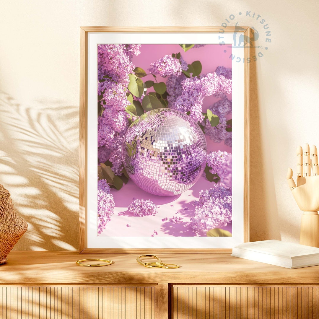 Lilac Flowers Disco Ball Print: Funky Retro Wall Art (digital Download ...