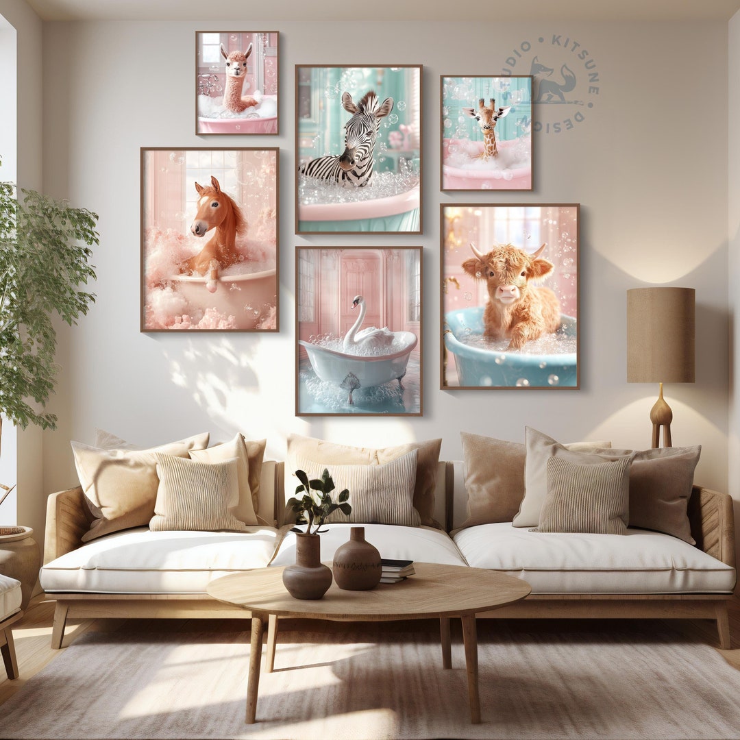 12 Animal Bathtub Wall Art Gallery Bundle Print Set, Funny Animal Bathroom Decor, Quirky Digital ...