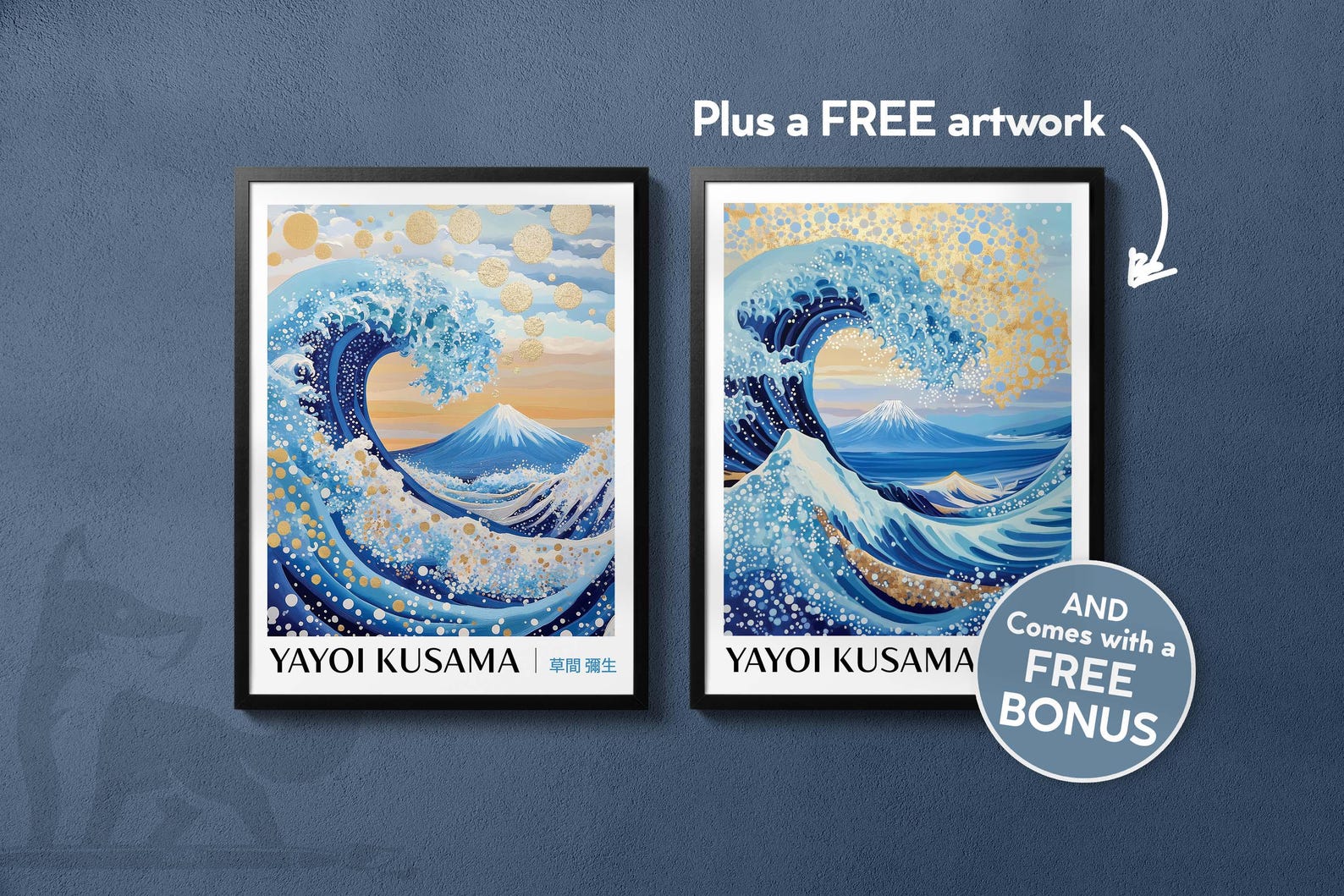 Yayoi Kusama Inspired Great Wave and Mount Fuji Wall Art, Japanese ...