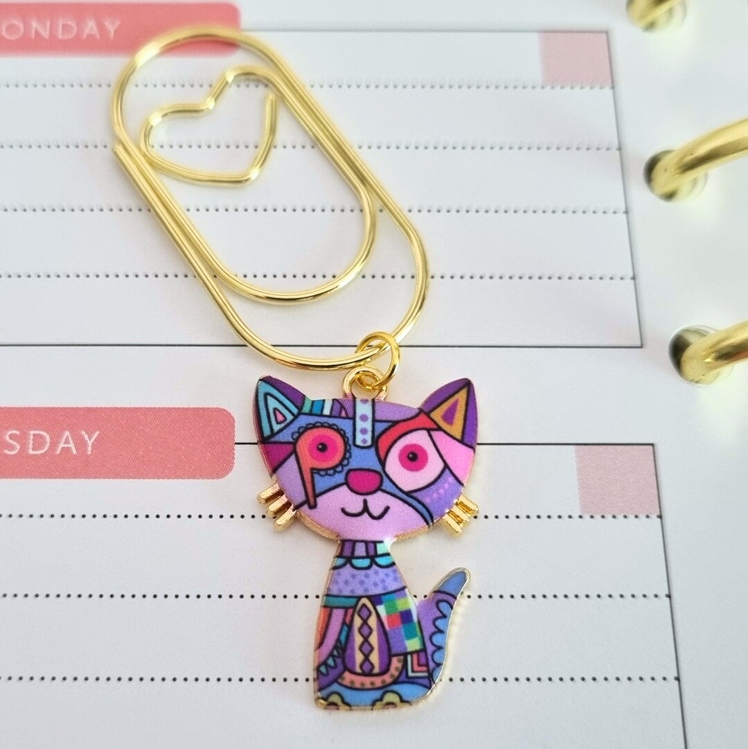 Cute Cat Paper Clip With Charm, Cat Themed Paperclip Bookmark - Etsy