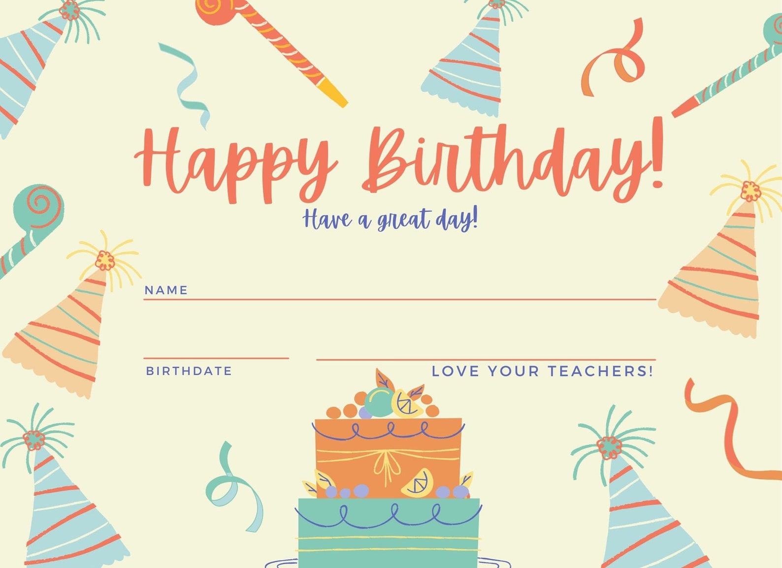 For Student From Teachers HAPPY BIRTHDAY Certificate **DIGITAL Download ...