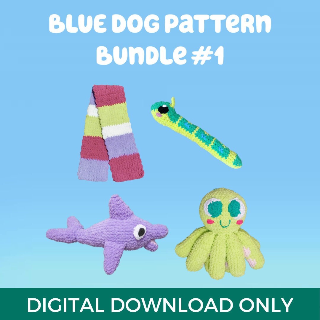Blue Dog Plush Crochet Pattern Bundle PDF - Scarf, Caterpillar, Dolphin ...