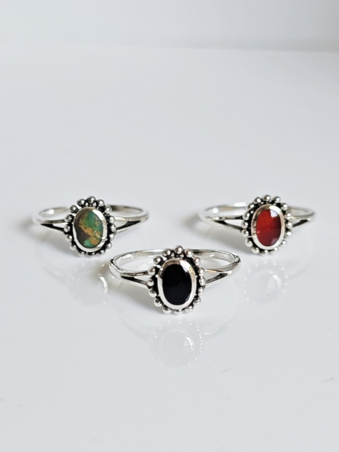 Sterling Silver Beaded Ring, Turquoise Ring, Garnet Ring, Onyx Ring ...