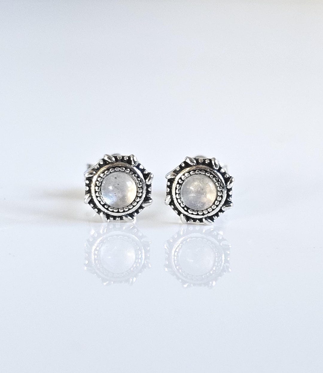 Sterling Silver Moonstone Stud Earrings, Tiny Floral Design - Etsy
