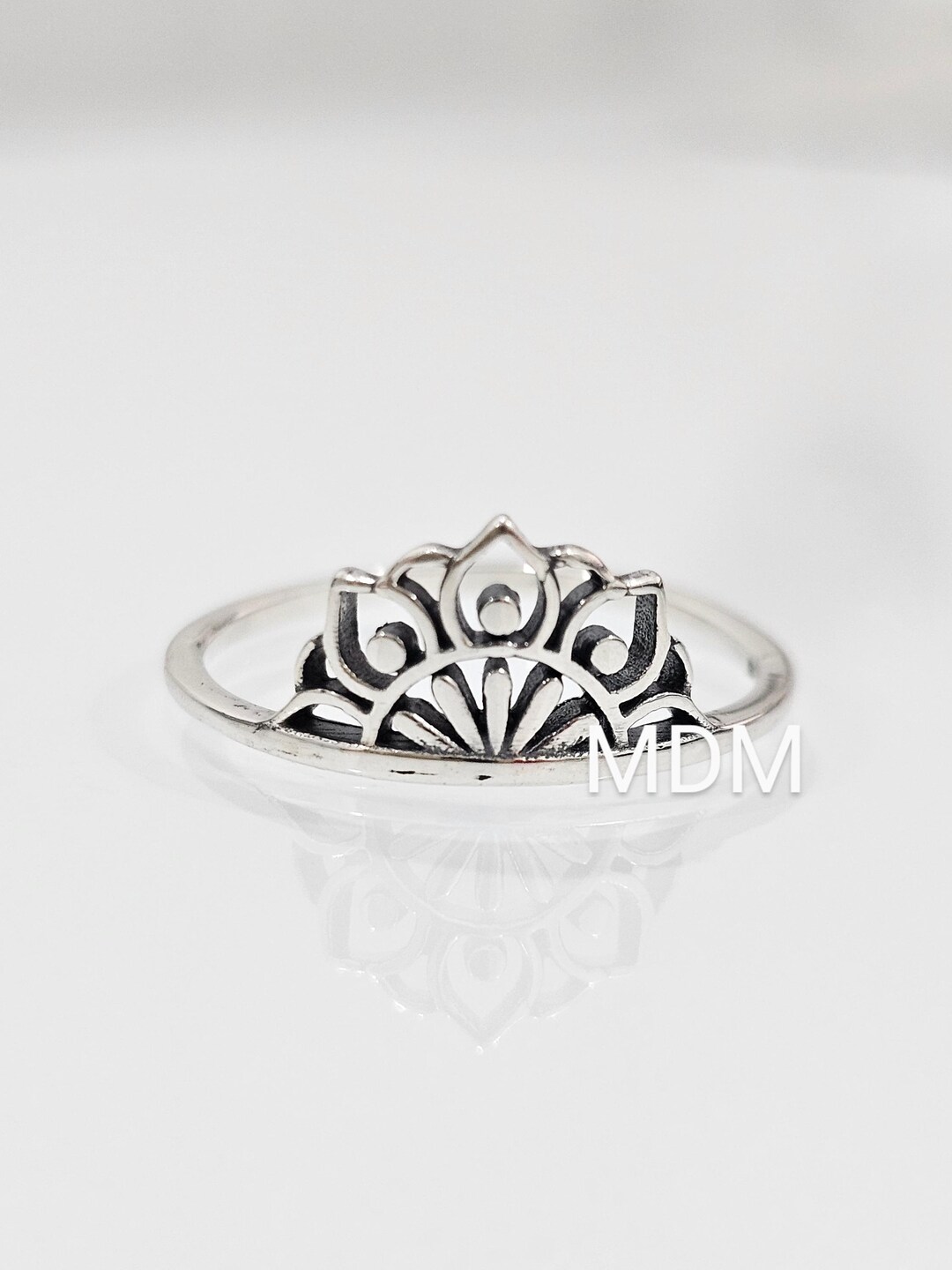 Sterling Silver Dainty Lotus Mandala Ring, Zen Meditation Semicircle ...