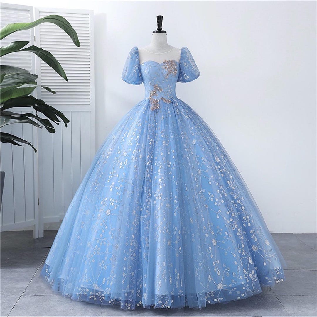 Lady Light Blue Tulle Prom Dress, Short Sleeve Glitter Blue Ball Gown ...