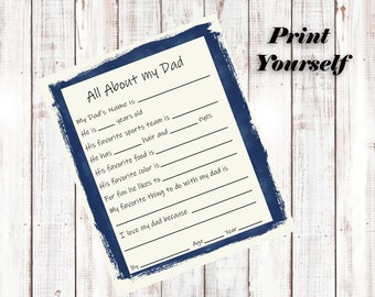 Fathers Day Printable, All About My Dad, Fathers Day Gift, Father's Day ...