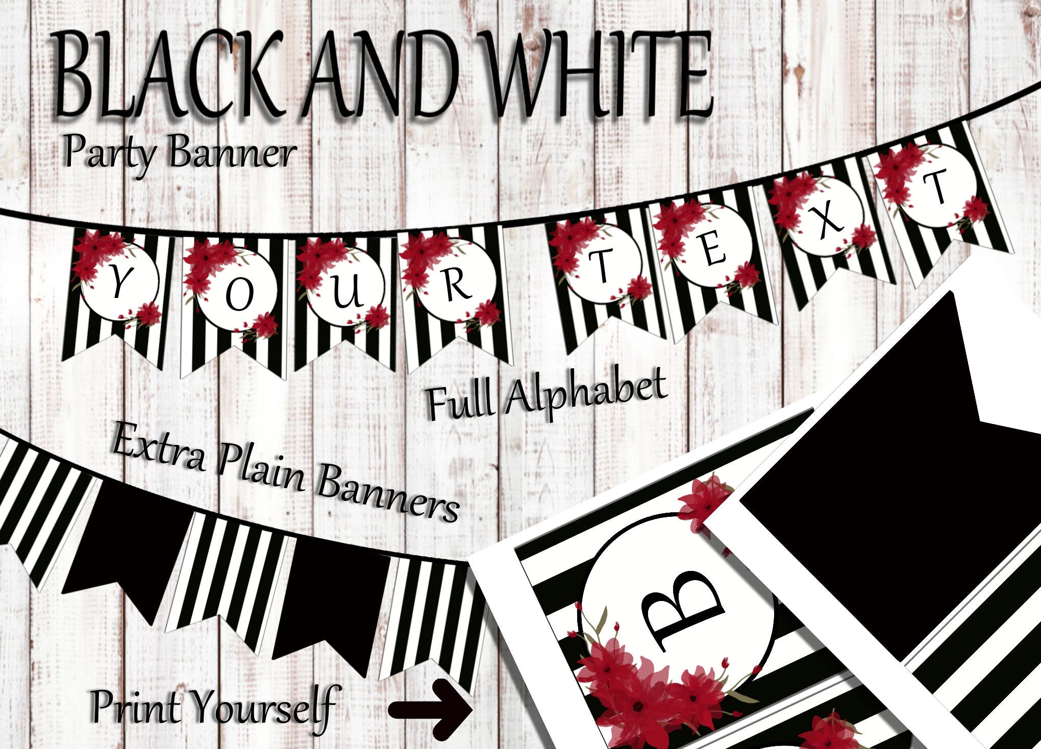Black and White Party Banner, Party Banner, Water Color Flowers, Black ...