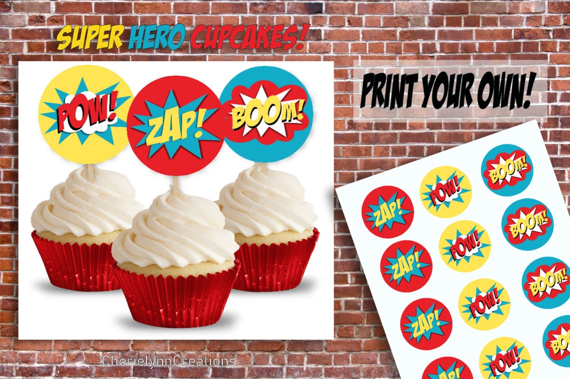 Super Hero Cupcake Super Hero Birthday Comic Birthday | Etsy