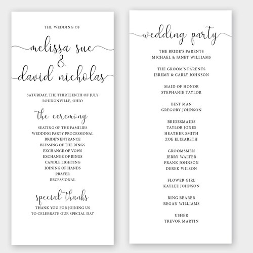 PRINTED Wedding Ceremony Program Custom Program Long Tea - Etsy
