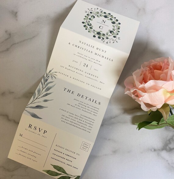 Tri Folding Wedding Invitation Tri Fold Invite Greenery | Etsy