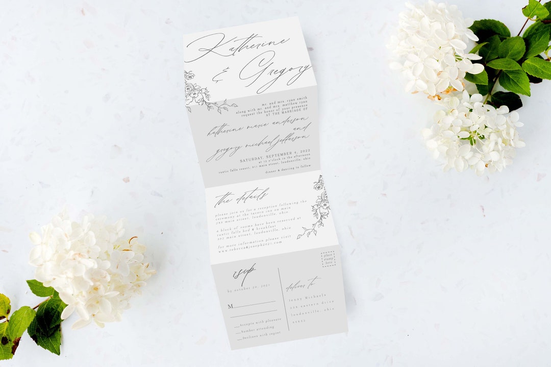 Tri Folding Wedding Invitation, Tri Fold Invite, Botanical, Minimal ...