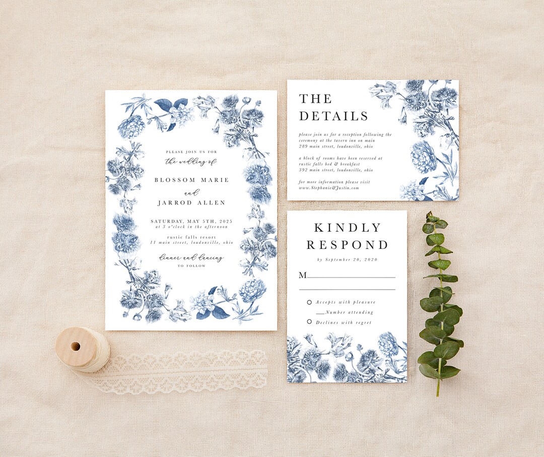 Blue Toile Wedding Invitation, Printed Wedding Set, Dusty Blue, Vintage ...