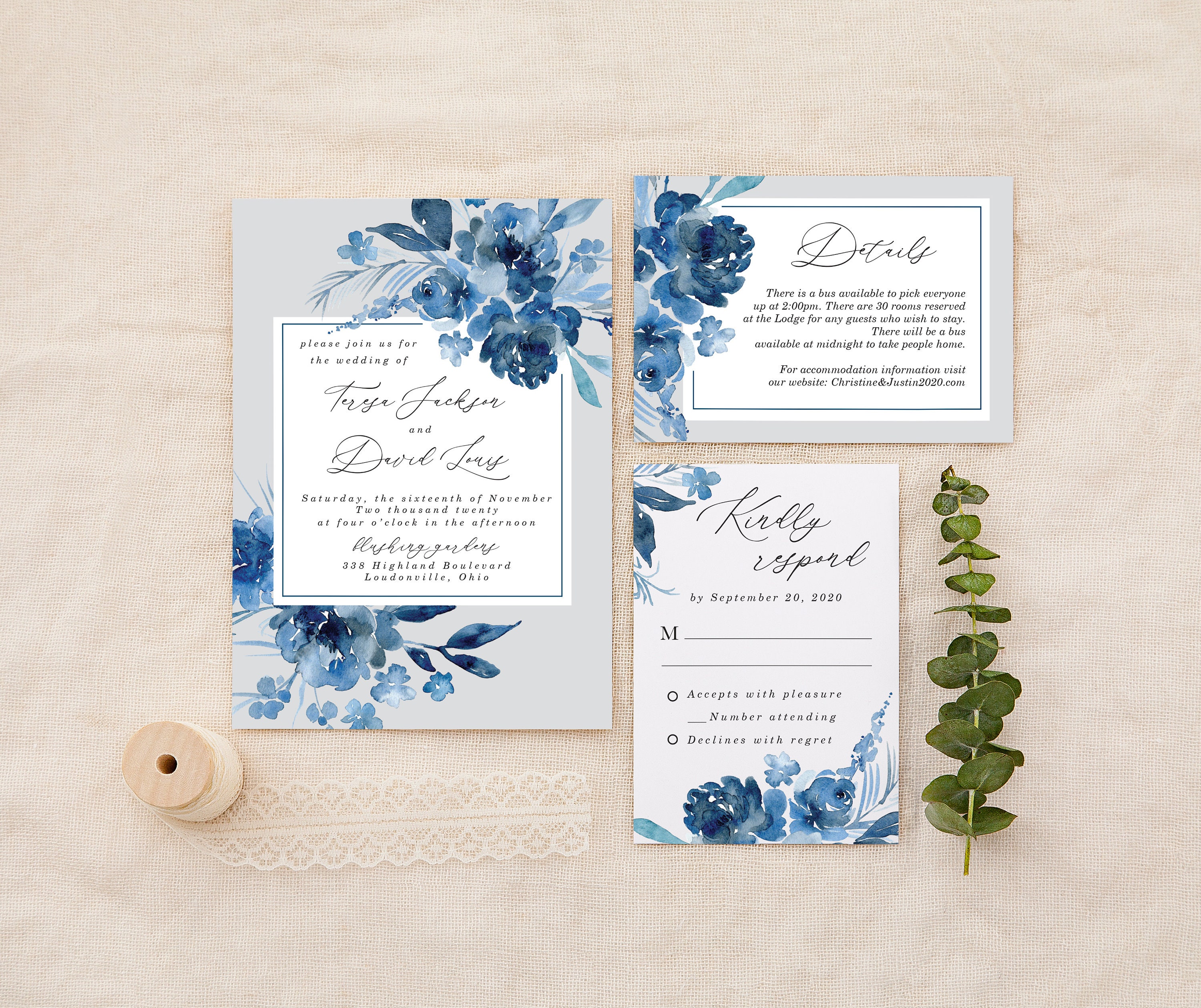 Blue Floral Wedding Invitation Printed Wedding Invitation | Etsy