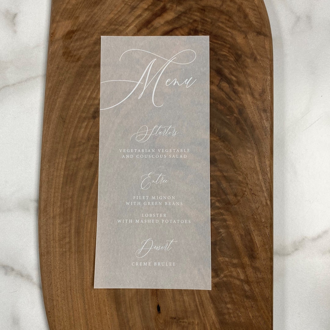 Vellum Menu, White Ink Printed Menu, Translucent Vellum Wedding Menu ...