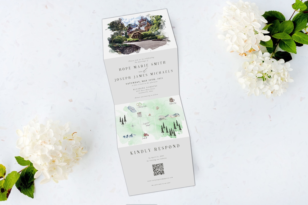 Custom Watercolor Venue Map Tri Fold Wedding Invitation - Etsy