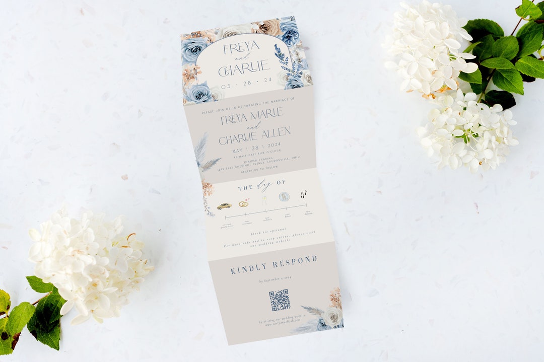 Tri Folding Wedding Invitation, Tri Fold Invite, Dusty Blue, Boho ...