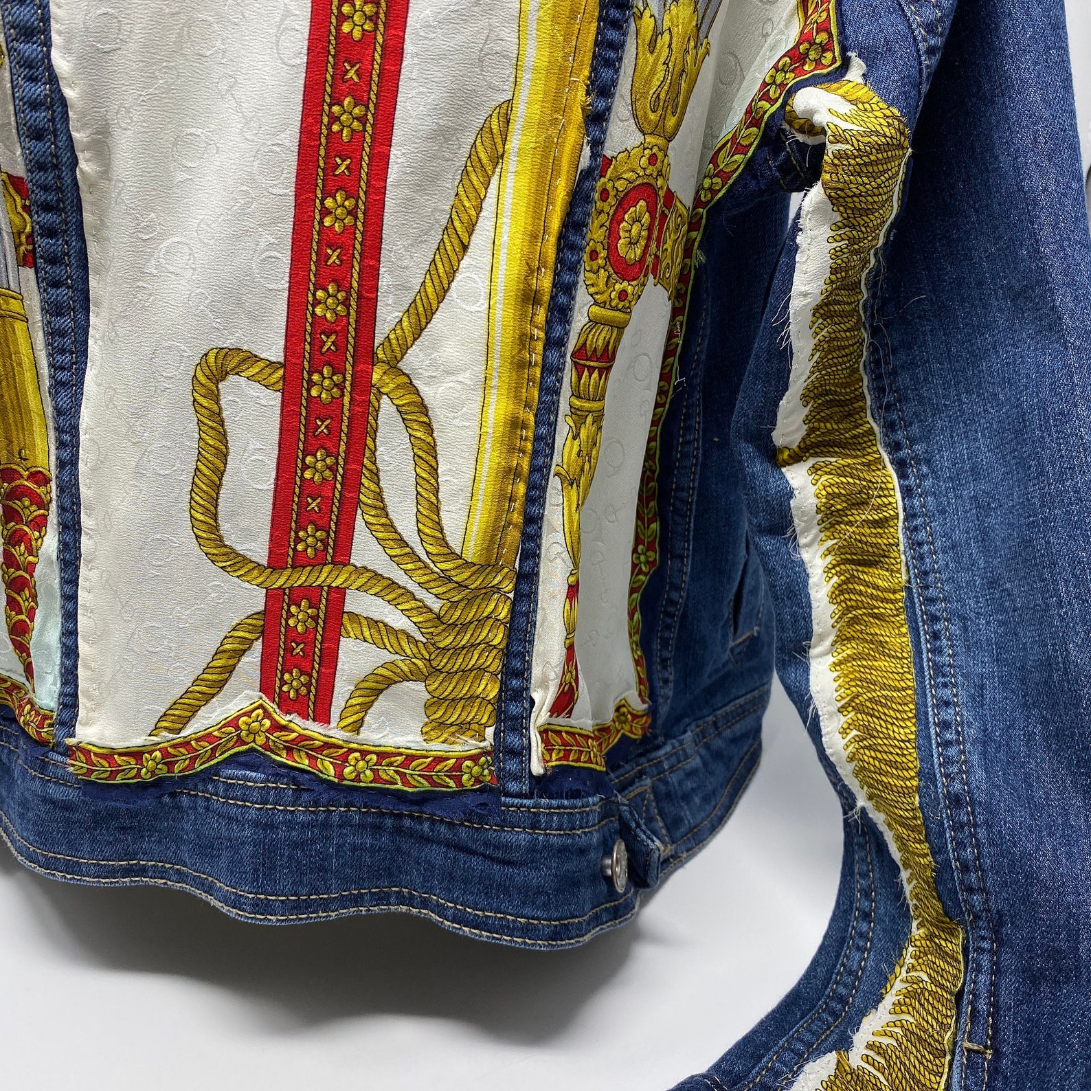 Embellished Denim Jacket, Upcycled Alcott and Andrews Silk Scarf ...
