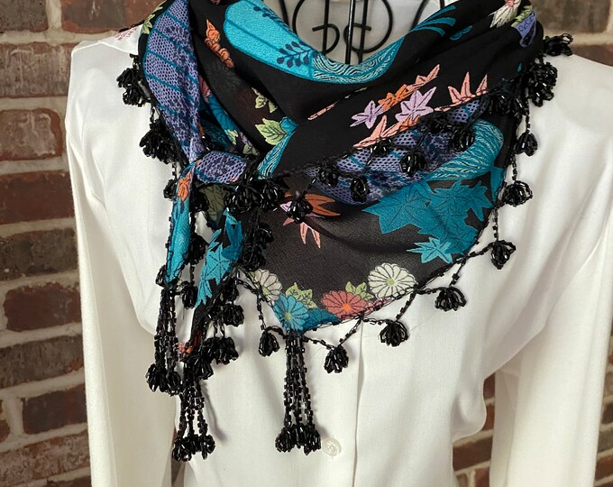 Vintage Beaded Triangle Gypsy Shawl, Turquoise Textured Roses With Long ...
