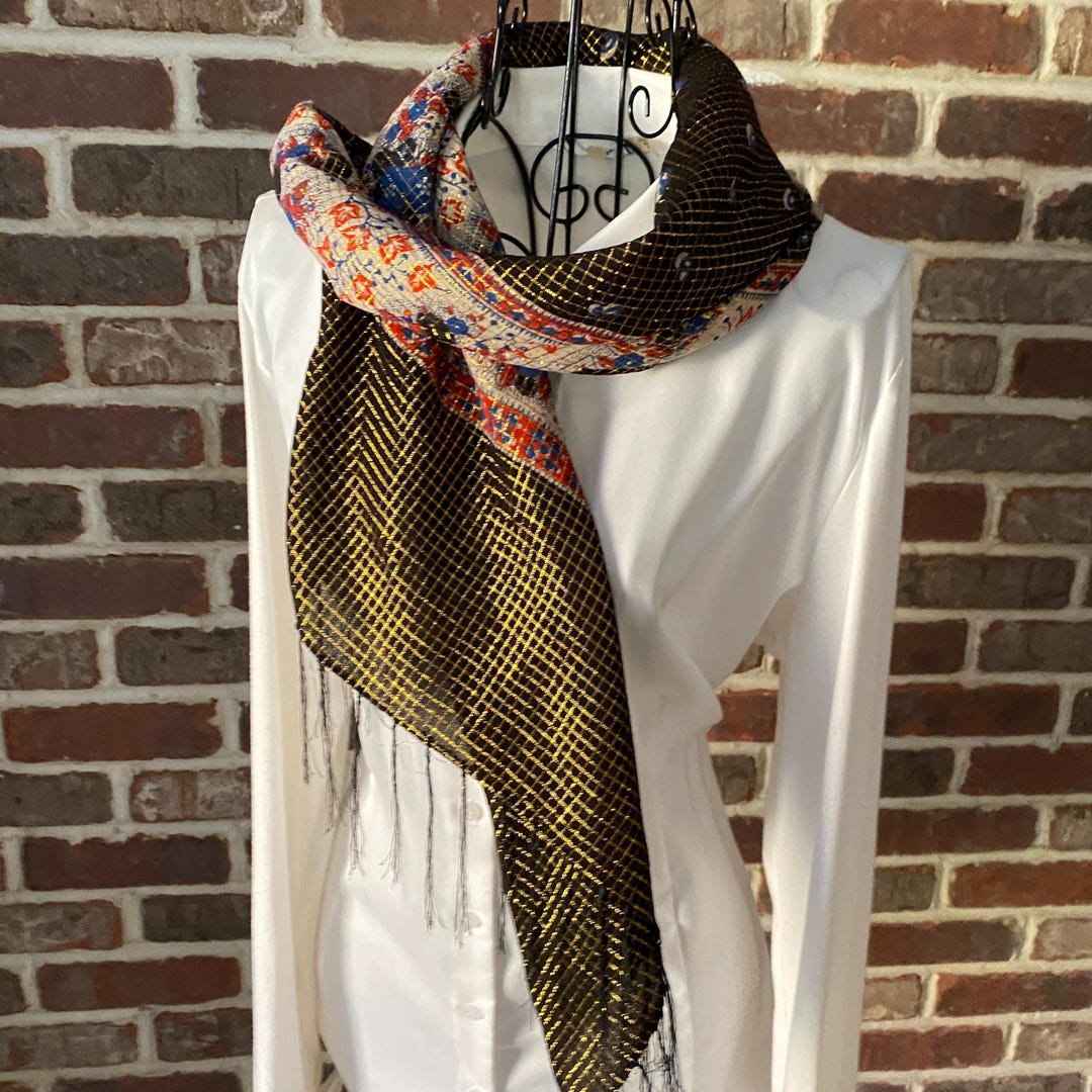 Vintage Metallic Gypsy Fringe Shawl. Floral Design With Gold Thread ...