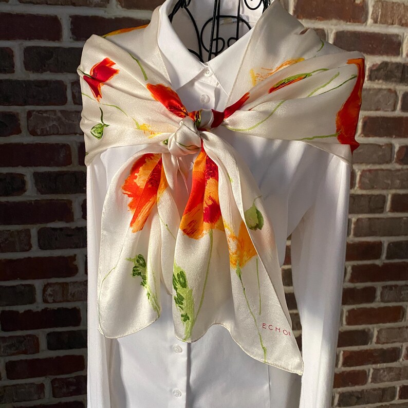 Vintage Echo White Silk Scarf With Red Fireball Poppy Design – Classic ...