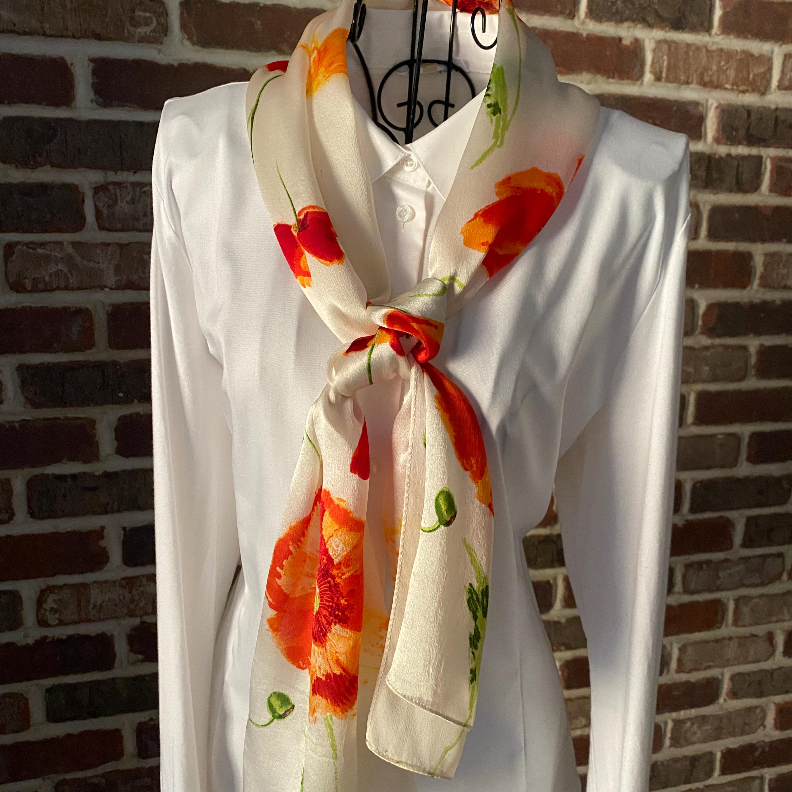 Vintage Echo White Silk Scarf With Red Fireball Poppy Design – Classic ...