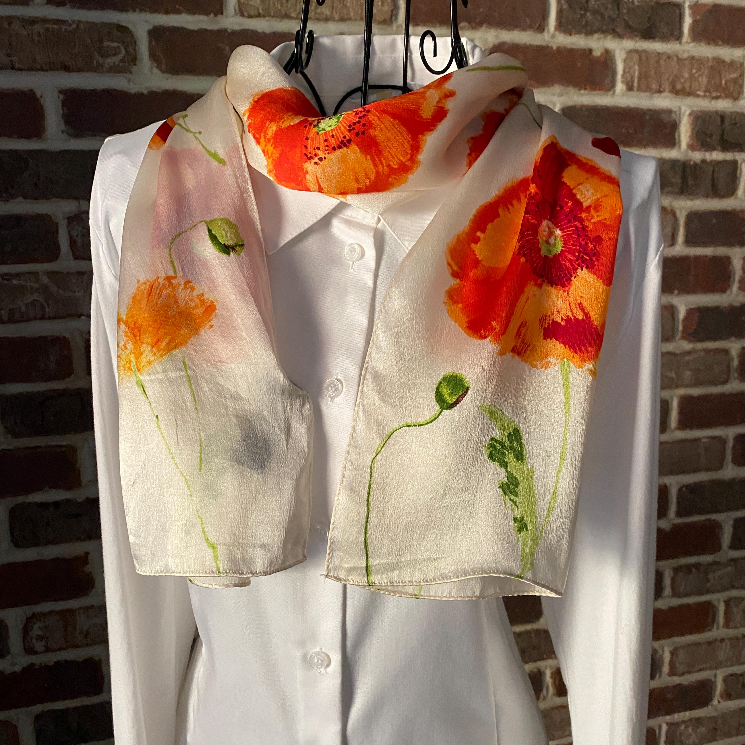 Vintage Echo White Silk Scarf With Red Fireball Poppy Design – Classic ...