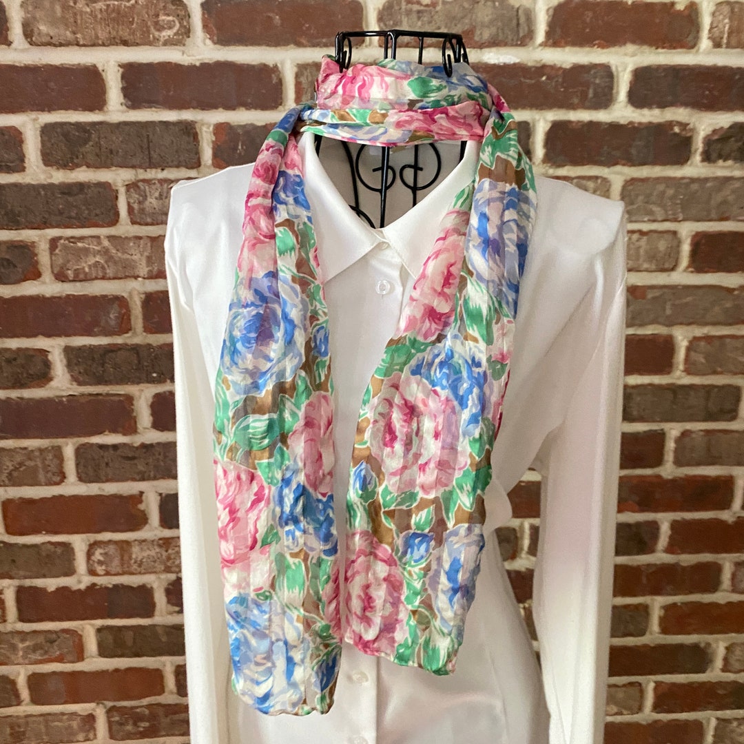 Vintage Floral Scarf With Sheer and Opaque Fabric, Printemps Scarf in ...