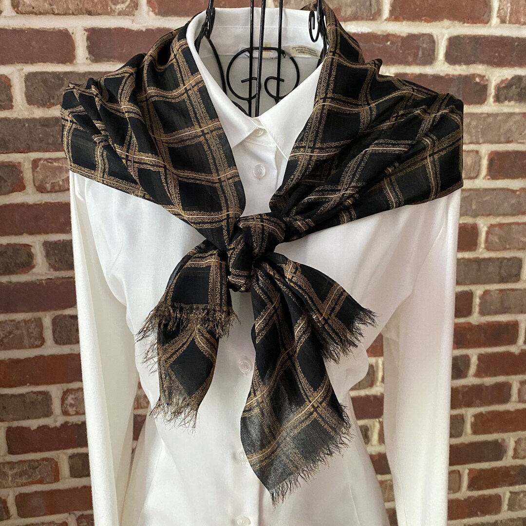 Vintage DKNY Plaid Silk Scarf Black and Bronze Designer Oblong Scarf ...
