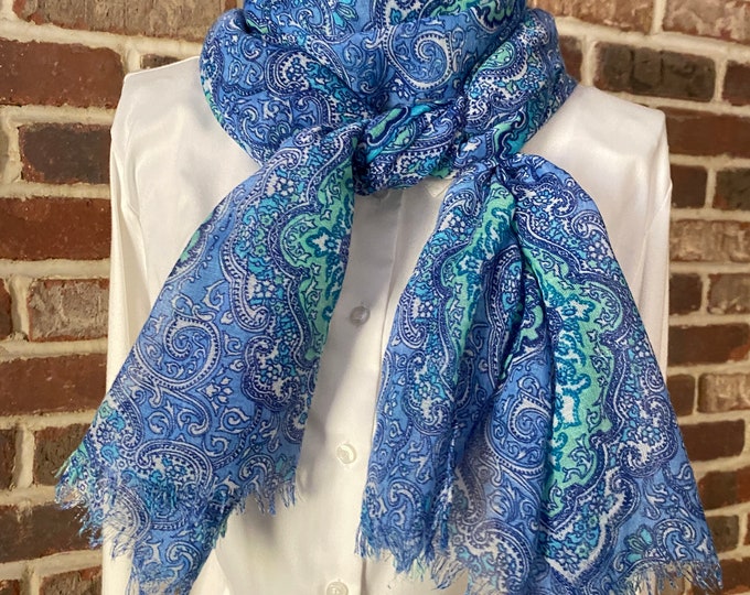 Vintage Italian Style Periwinkle Blue Paisley Scarf With Frayed Fringe ...