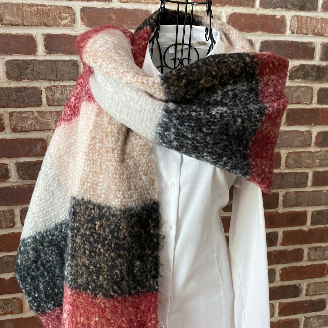 Plush Buffalo Check Scarf: Extra Long Knit Fringe Scarf - Etsy