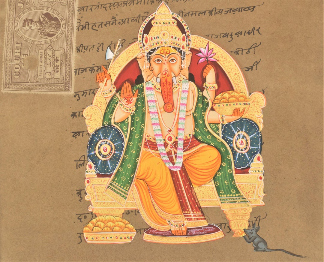 Handmade Ganesha Stamp Painting: Hindu Elephant God Portrait (13x8.5 ...