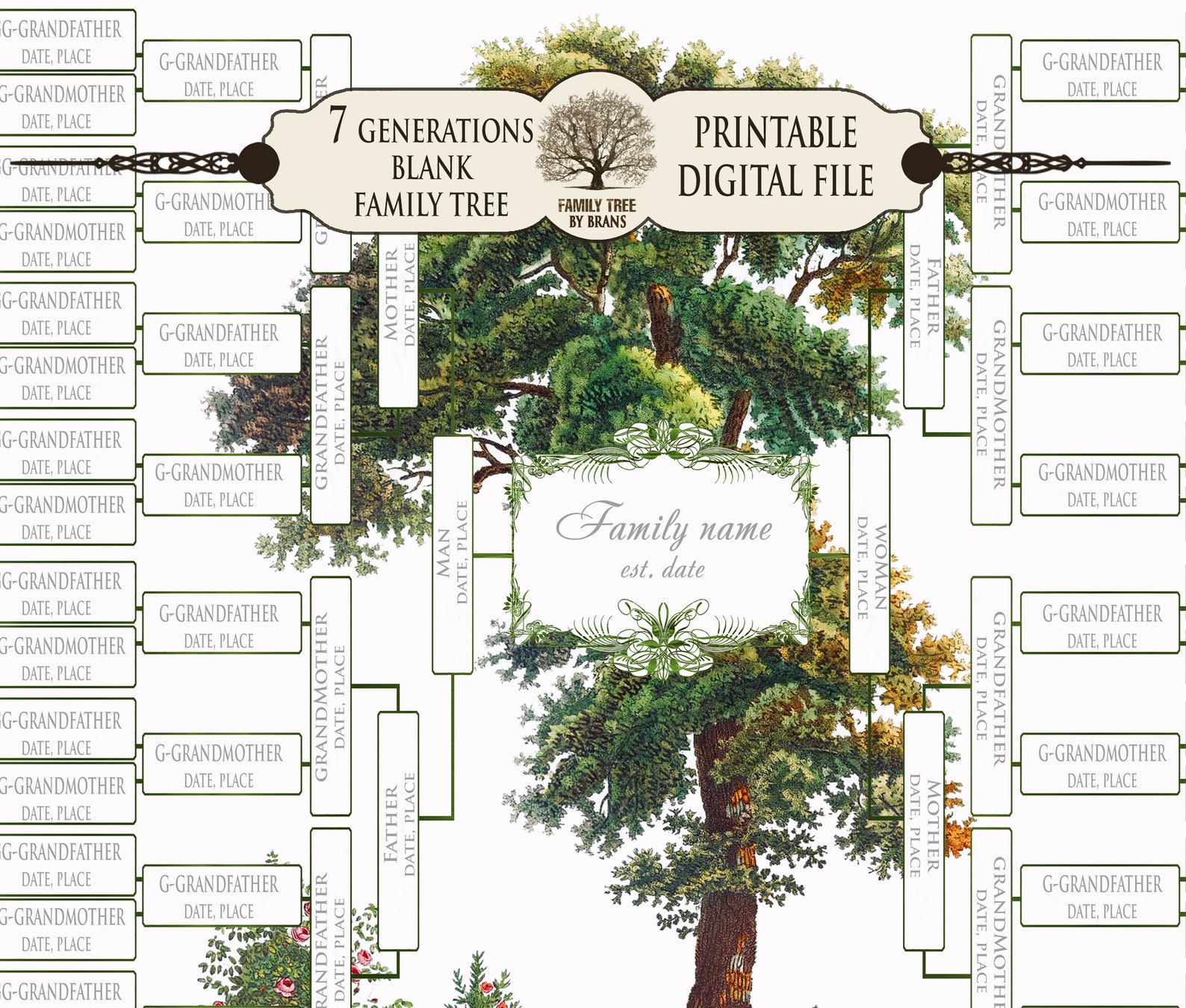 7 Generation Family Tree Template Green Family Tree Wall Art - Etsy